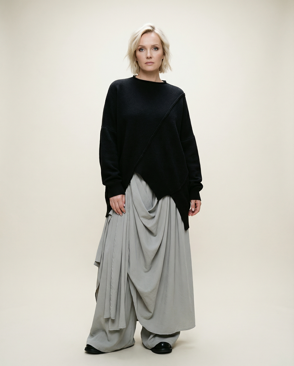 Draped Layered Wide-Leg Trousers – Soft Lightweight Fabric in Mist Gre ...